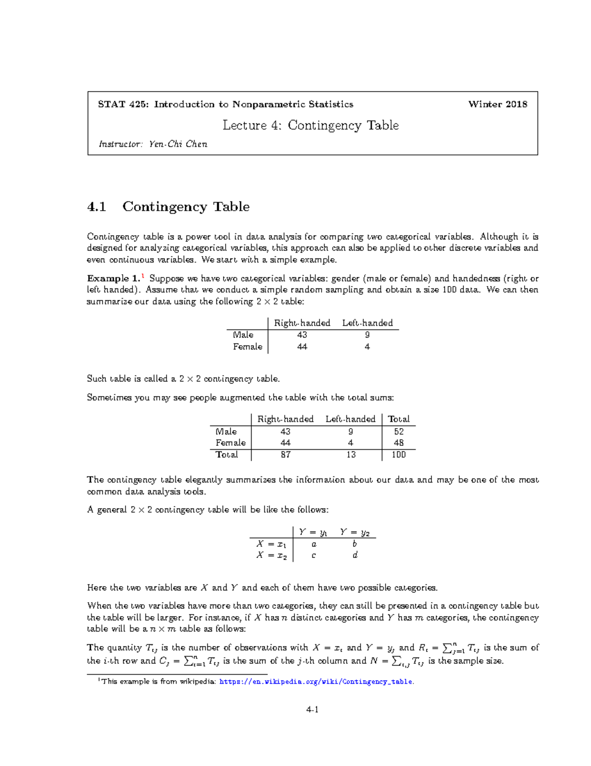Lec4 Contingency Tables Stat 425 Introduction To Nonparametric Statistics Winter 2018 Lecture