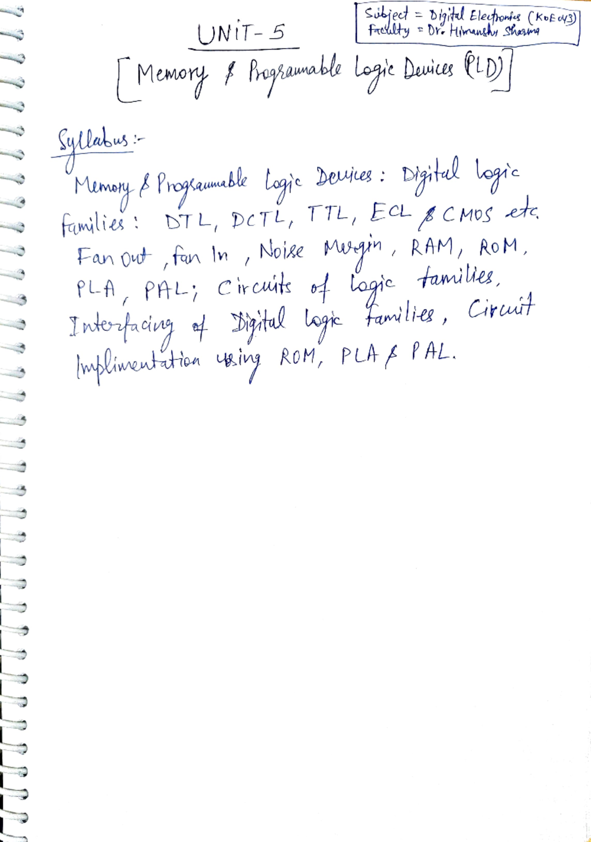 DE Unit-5 (Digital Logic Family) Handwritten Notes - 5 Subject Digital ...