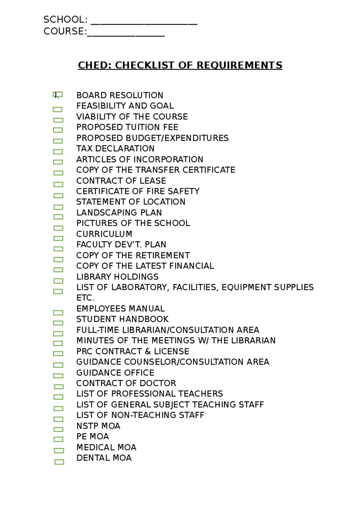 CHED Application CHECk LIST OF REQ - SCHOOL: ______________________ COURSE:________________ CHED ...