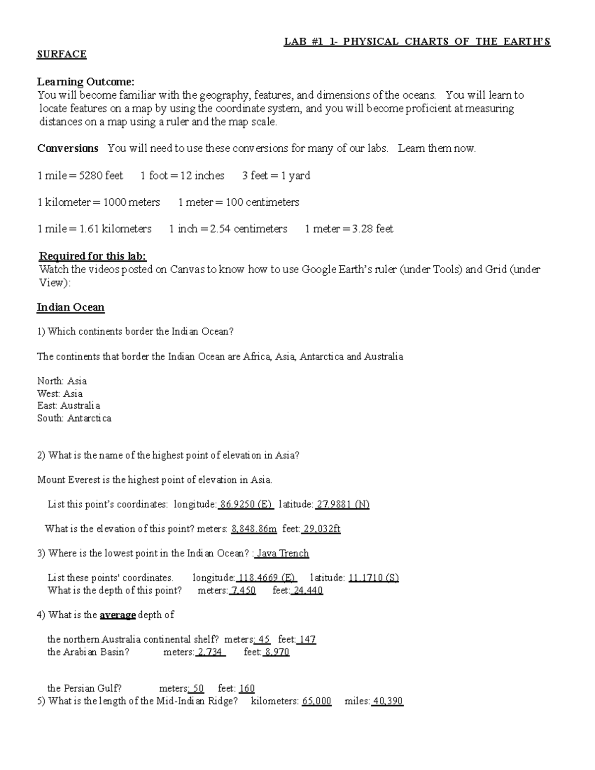 Lab # 1 Physical Charts OF THE Earth’S Surface - LAB #1 1- PHYSICAL ...
