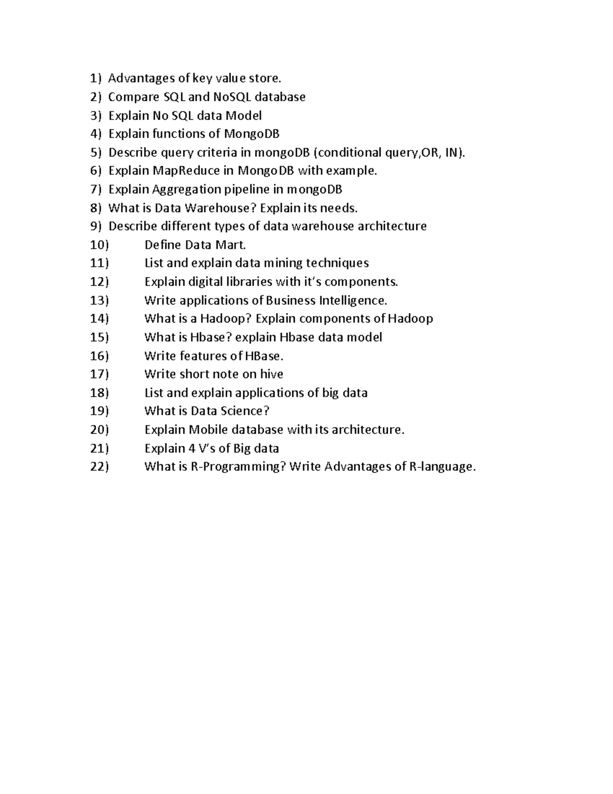 ADM -UNIT TEST II - Question Bank - Advantages of key value store ...