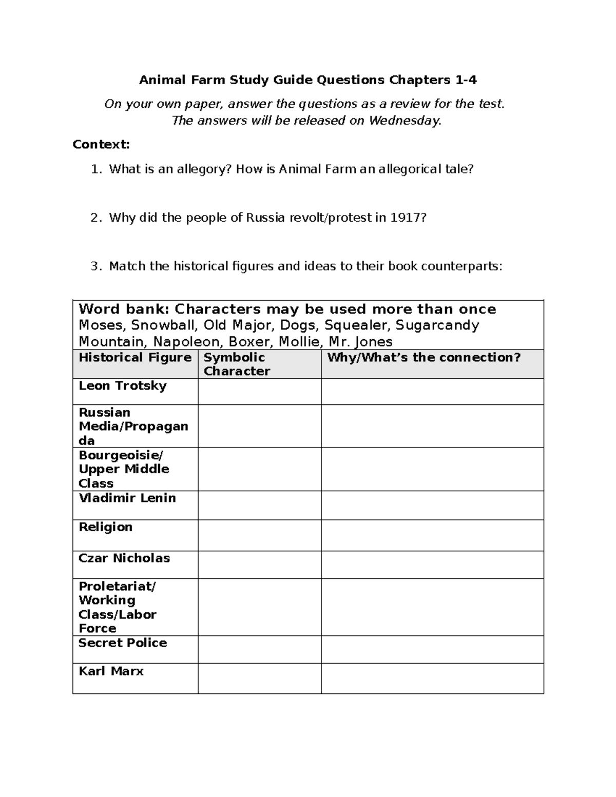 Animal Farm Study Guide Questions Chapters 1-4 - The answers will be ...