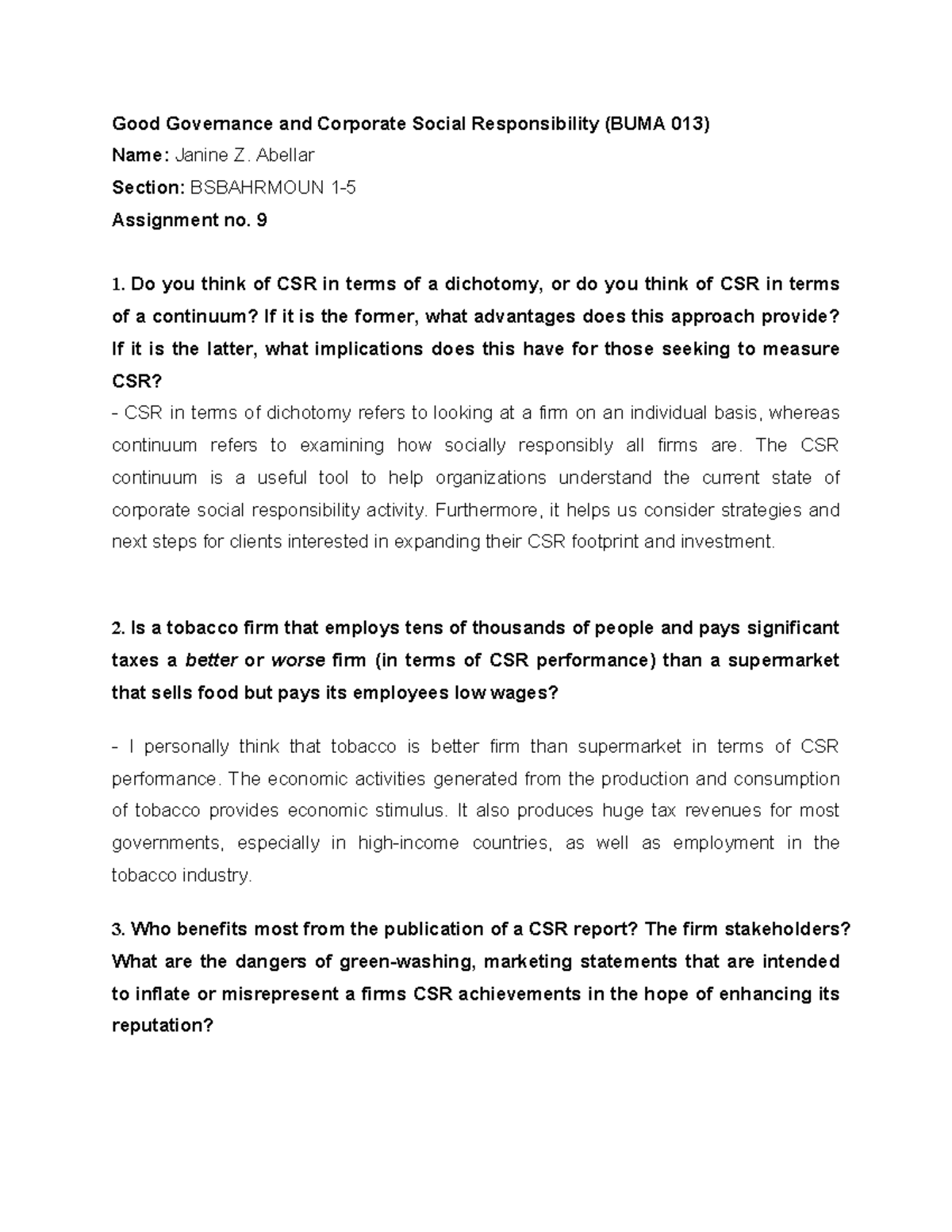 Buma 013 assignment no. 9 - Good Governance and Corporate Social ...