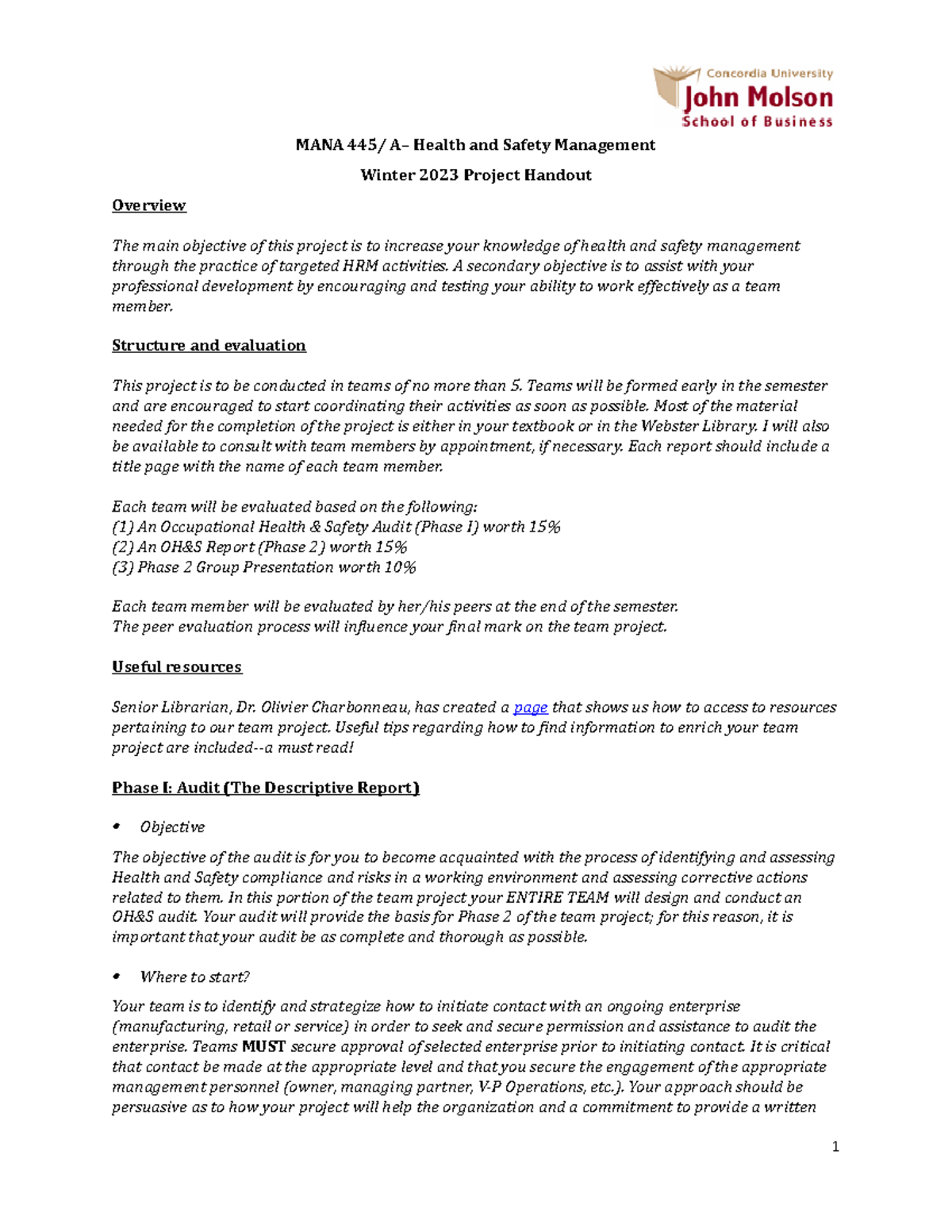 MANA 445 Sec A Winter 2023 Project guideline - MANA 445/ A– Health and ...