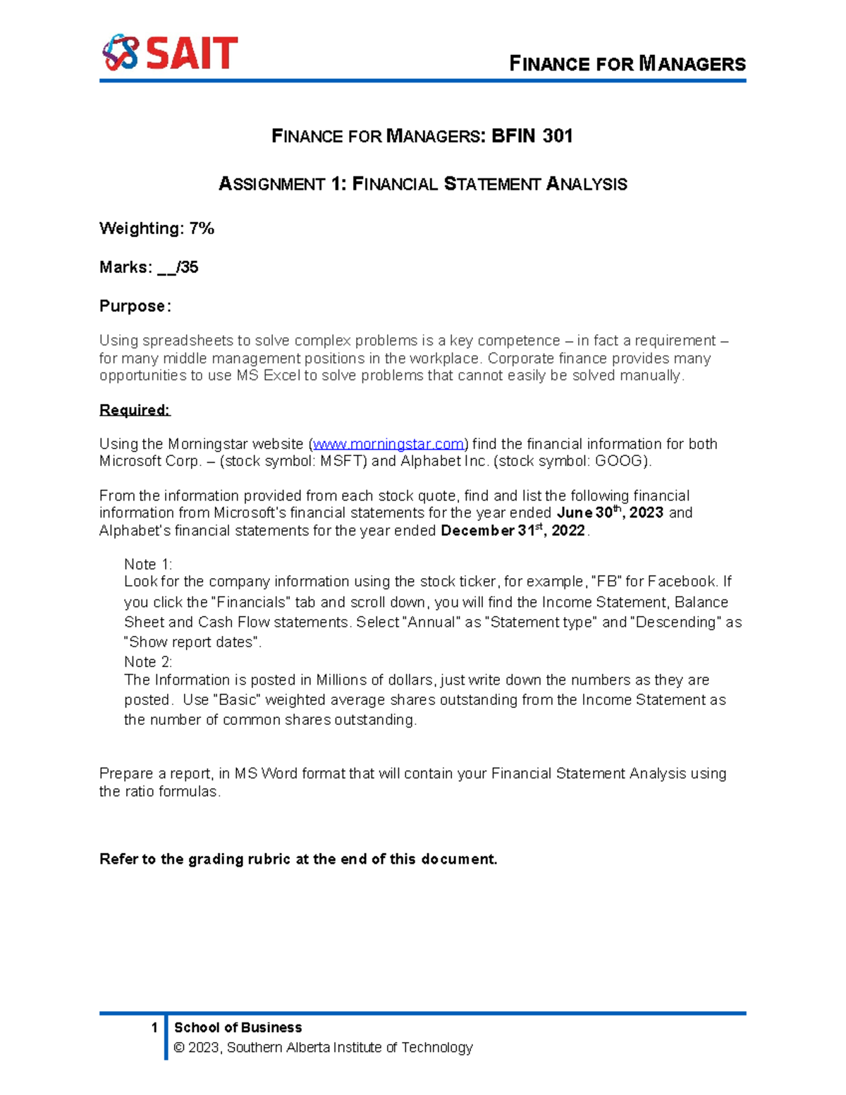 Assignment 1 - Financial Statement Analysis - DE - FINANCE FOR MANAGERS ...