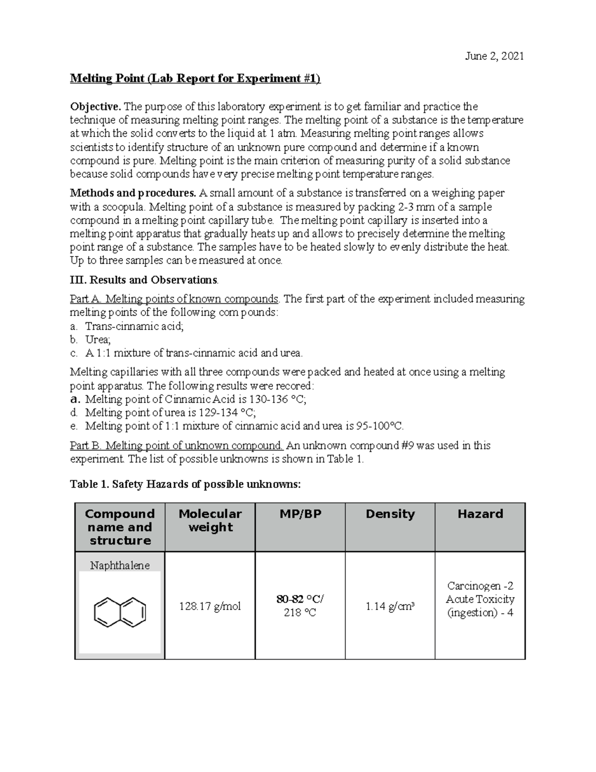 Lab Report 1 Melting Point Copy Melting Point Lab Report For Experiment 1 Objective The
