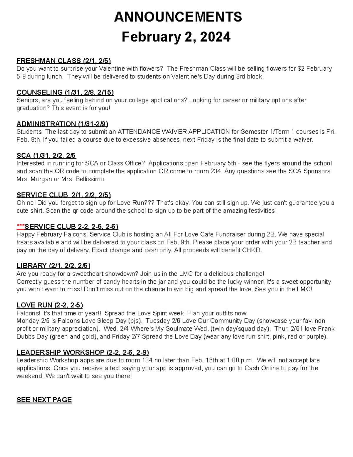 2-2-24 Announcements - N/A - ANNOUNCEMENTS February 2, 2024 FRESHMAN ...