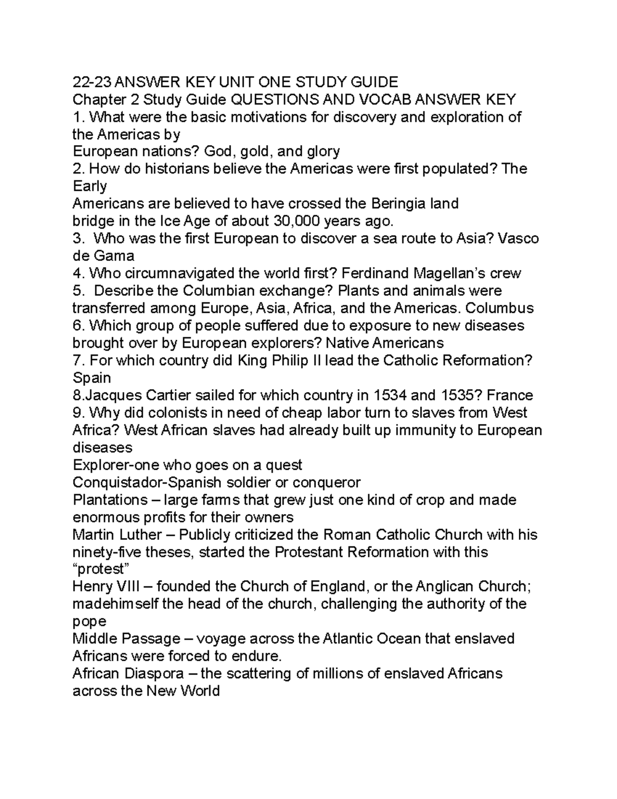 2223 UNIT ONE Answer KEY-2 - 22-23 ANSWER KEY UNIT ONE STUDY GUIDE ...