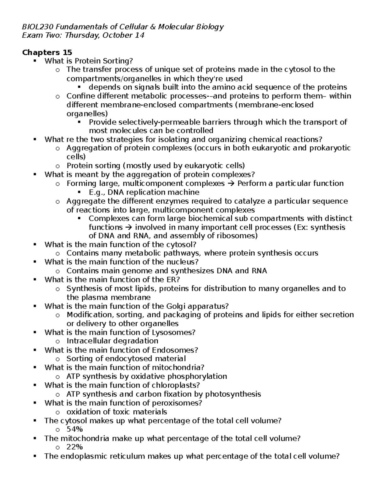 Exam Two Master Study Guide - BIOL230 Fundamentals of Cellular ...