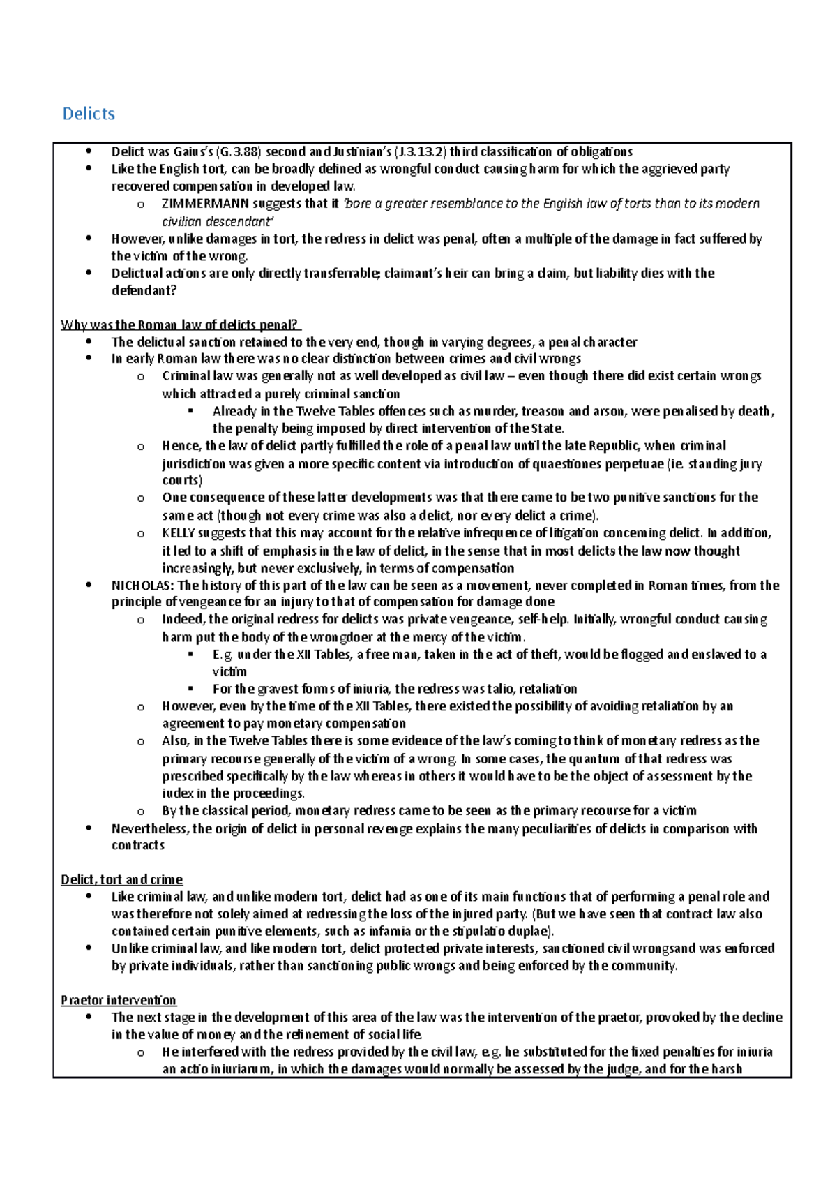 Roman Law Supo 7 - Delicts (First Class Notes) - Delicts Delict was ...
