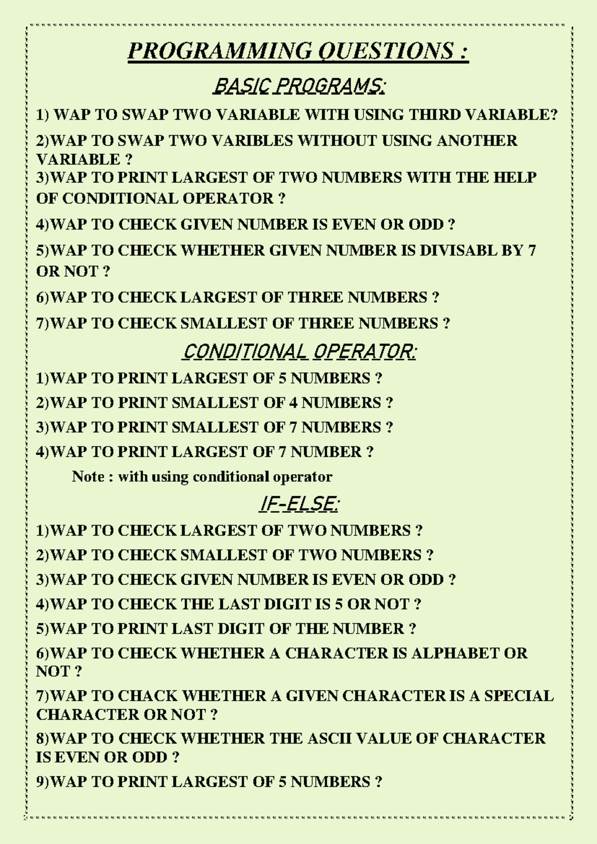 Programming Questions - PROGRAMMING QUESTIONS : BASIC PROGRAMS: 1) WAP ...