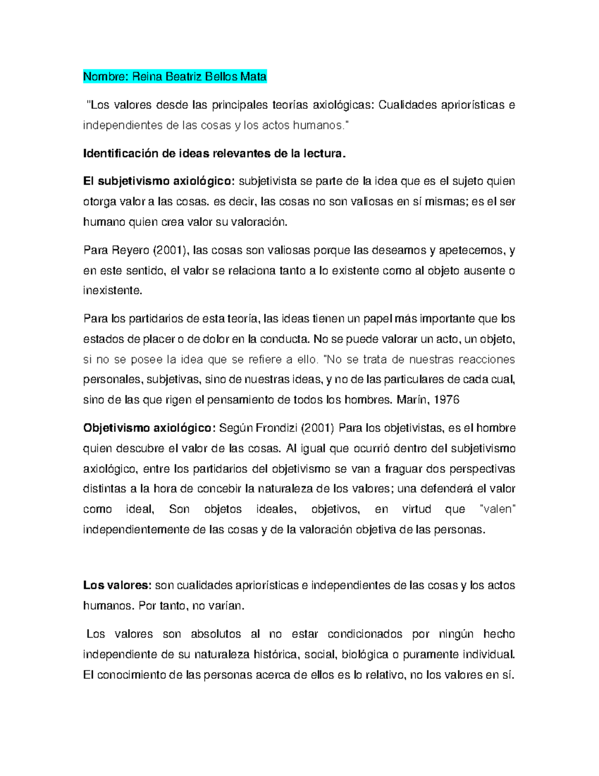 Recención. Etica - Nombre: Reina Beatriz Bellos Mata "Los valores desde ...