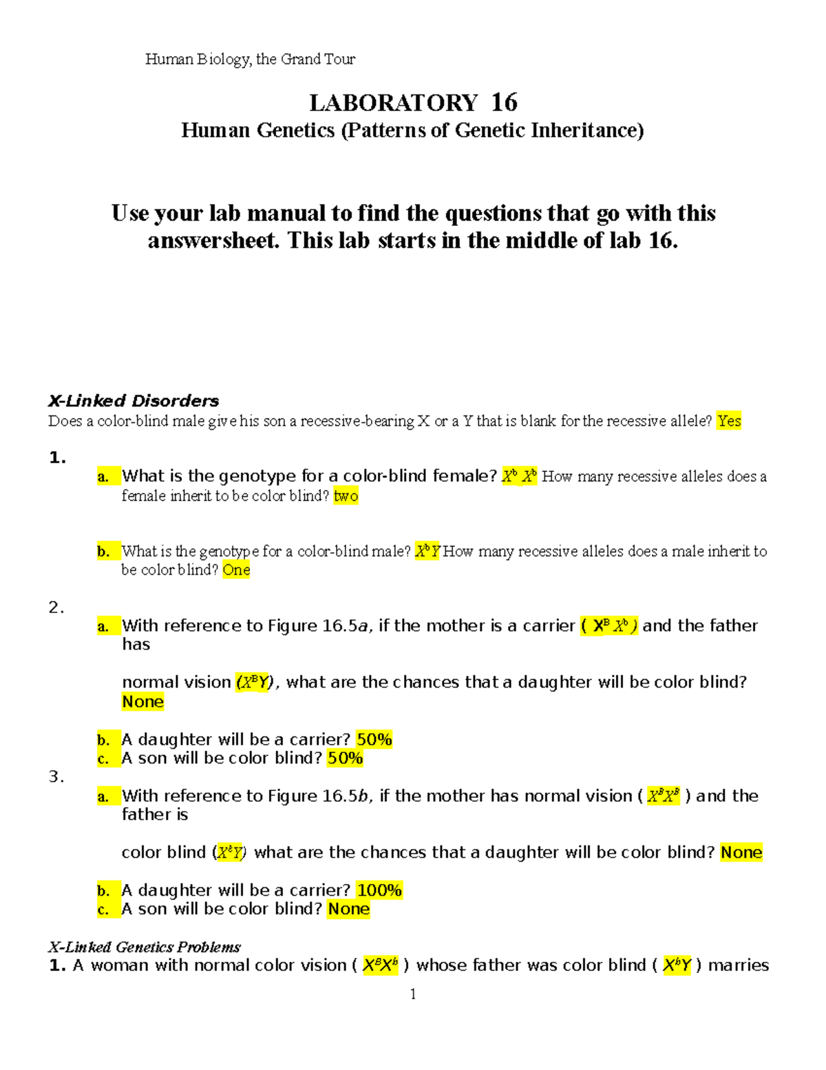 Lab On X-Linked Genetics - LABORATORY 16 Human Genetics (Patterns of ...