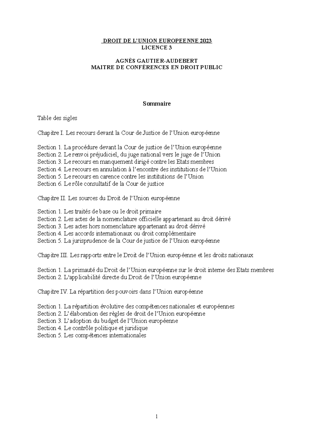 Plan de cours DUE 2023 - PLAN - DROIT DE L’UNION EUROPEENNE 2023 ...
