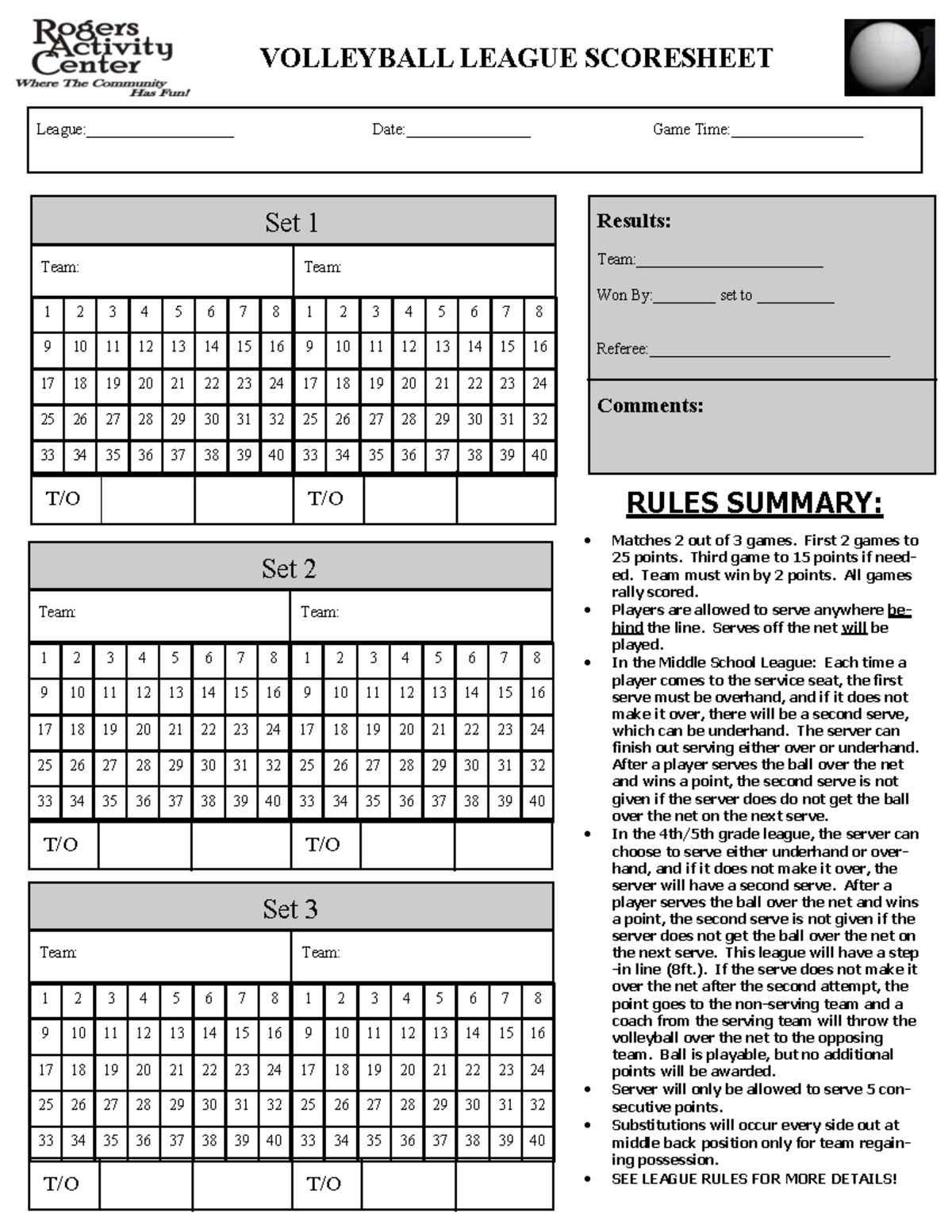Volleyball Score Sheets 08 - VOLLEYBALL LEAGUE SCORESHEET 1 2 3 4 5 6 7 ...