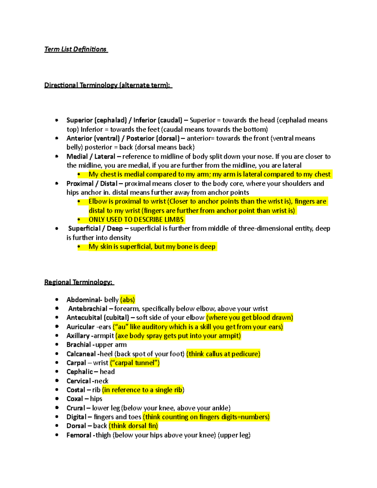 Anatomy 231 LAB Terms LIST Definitons - Term List Definitions ...