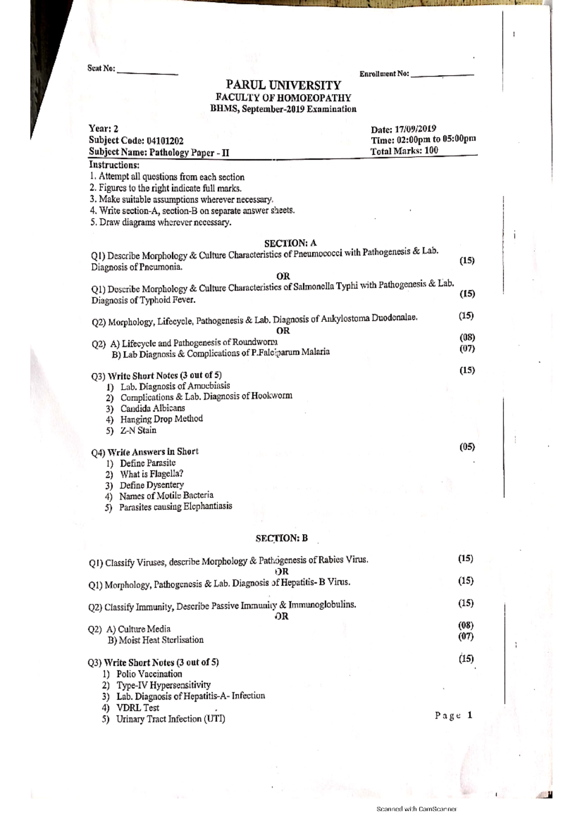 Pathology 2 Final EXAM SEP 2019 - B Tech - Studocu