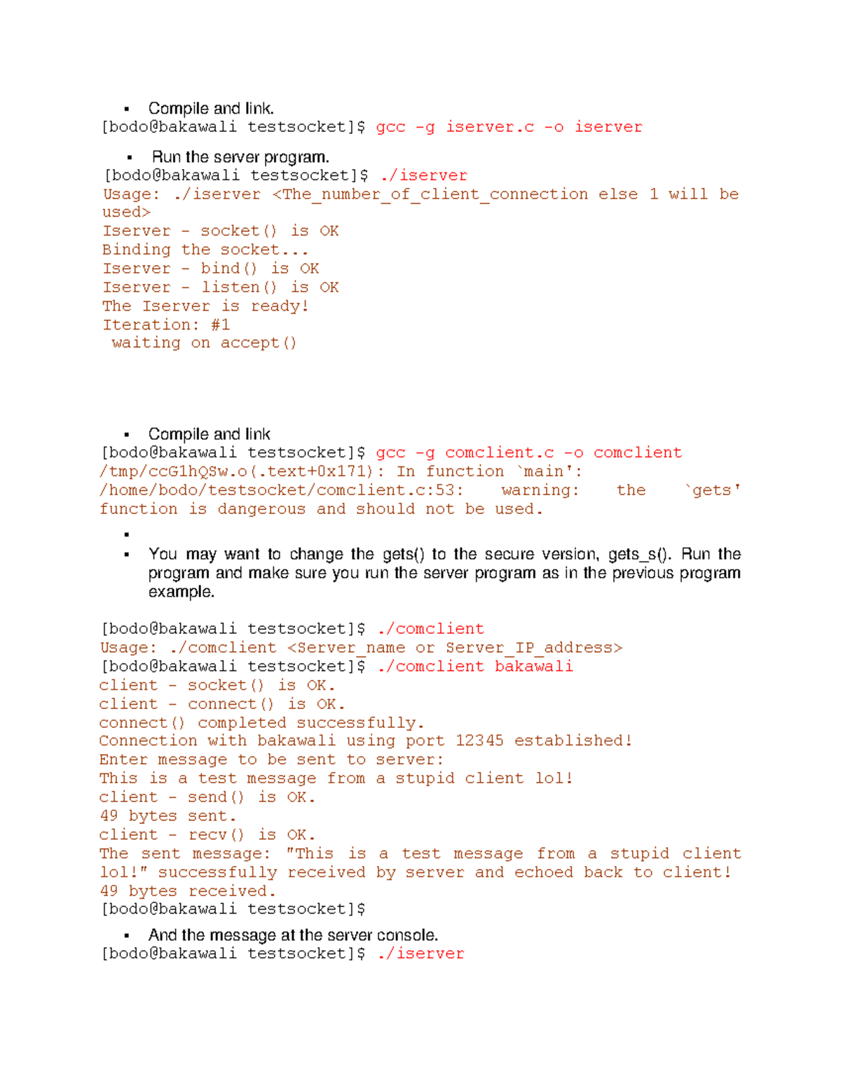 Tcp Client Server Run Process Compile And Link Bodobakawali Testsocket Gcc G Iserver O