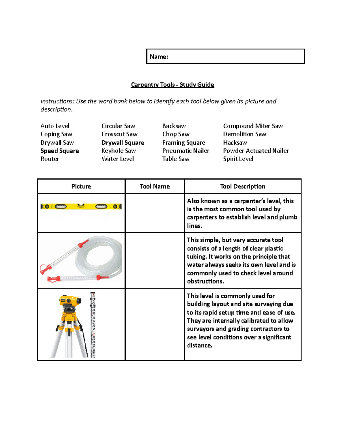 Carpentry Tools - Study Guide - Name: Carpentry Tools - Study Guide ...