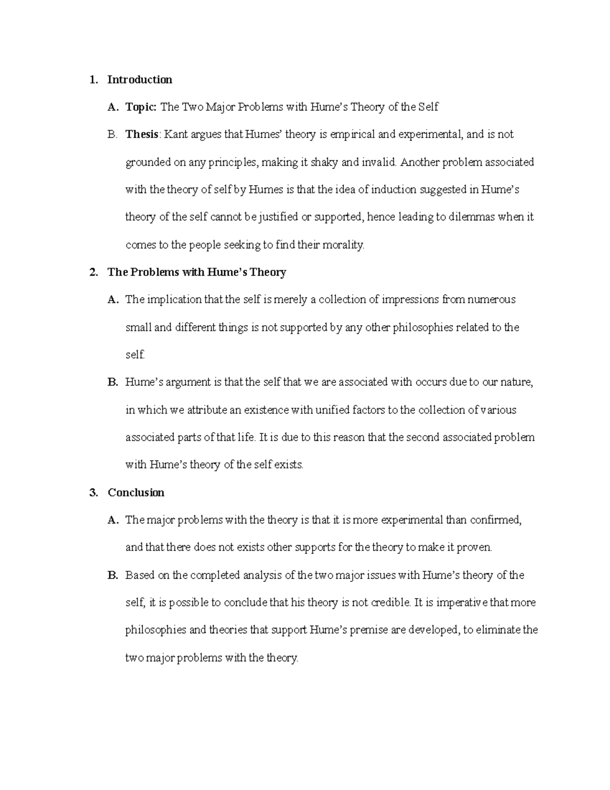 Outline Humes Problem - 1. Introduction A. Topic: The Two Major ...