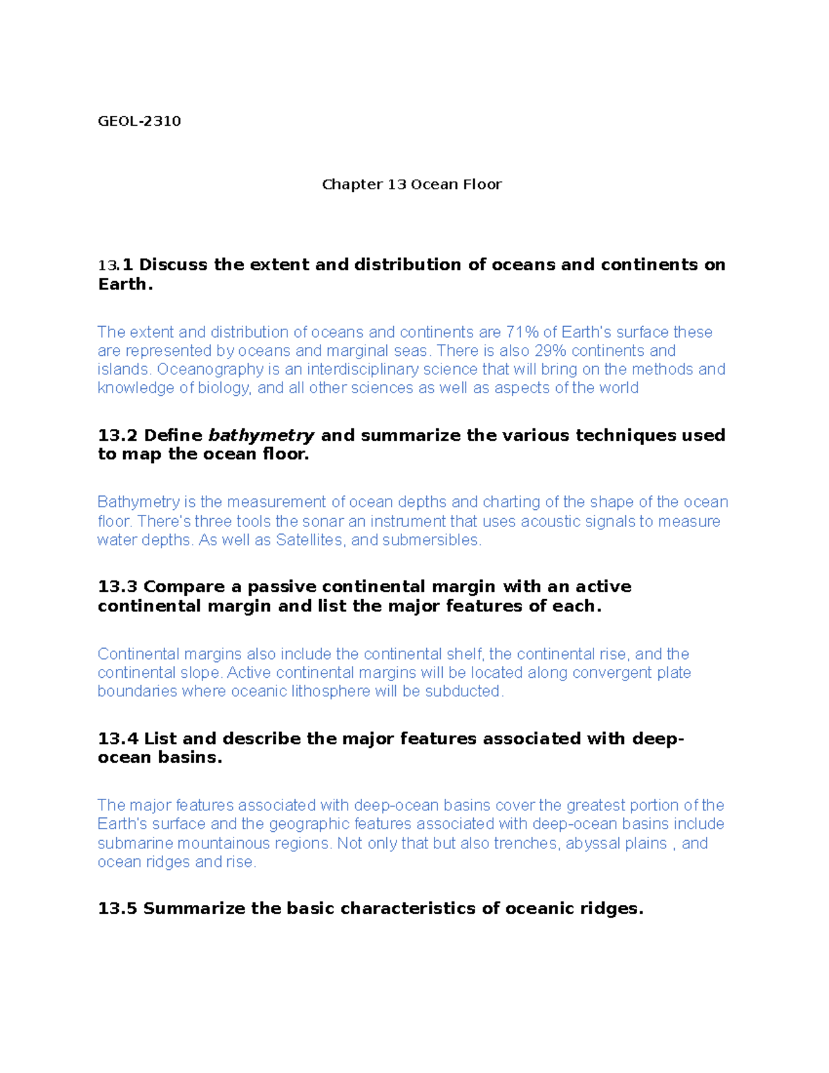 GEOL Chapter 15 - GEOL- Chapter 13 Ocean Floor 13 Discuss the extent ...