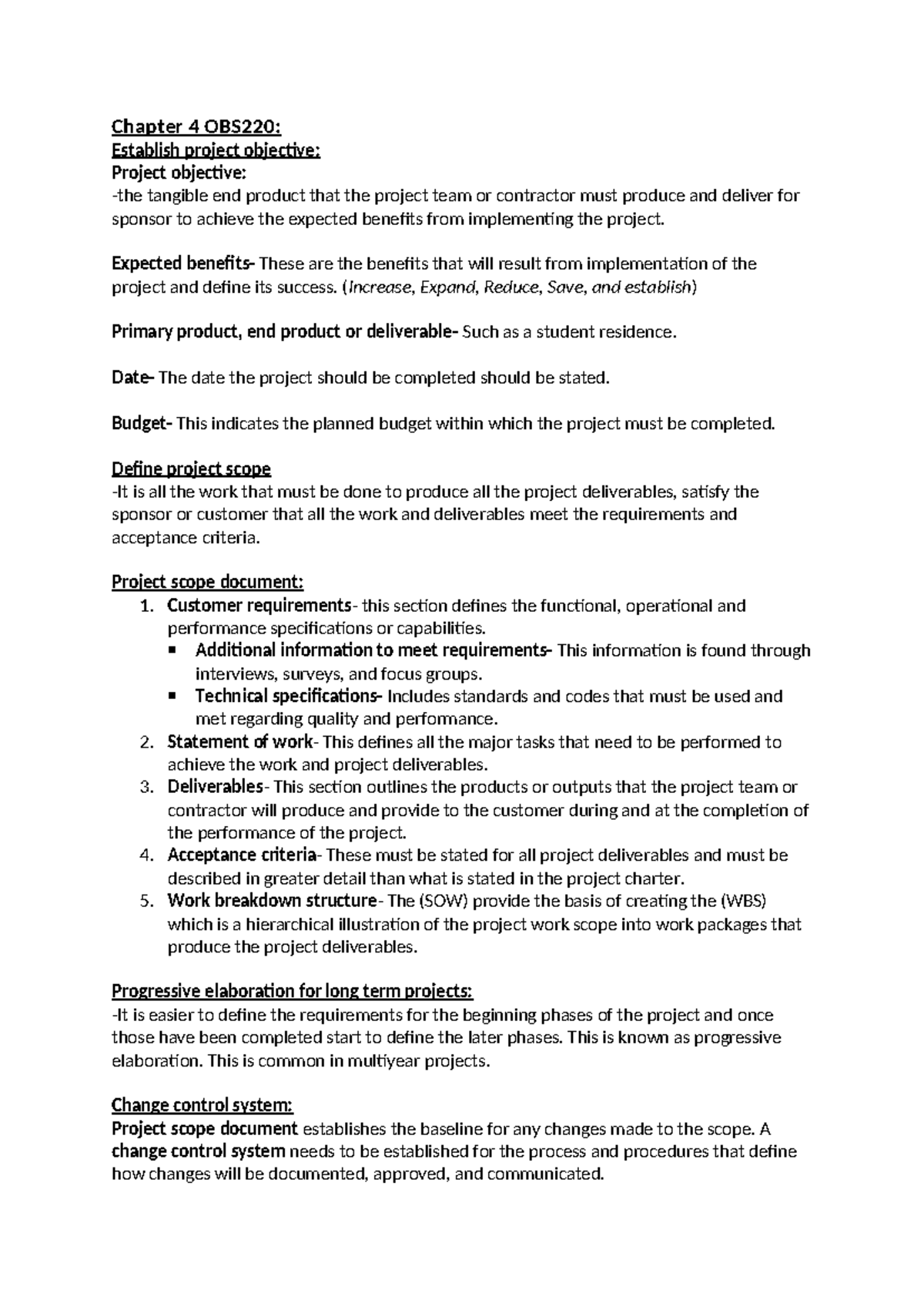 Chapter 4 OBS220 - Chapter 4 OBS220: Establish project objective ...