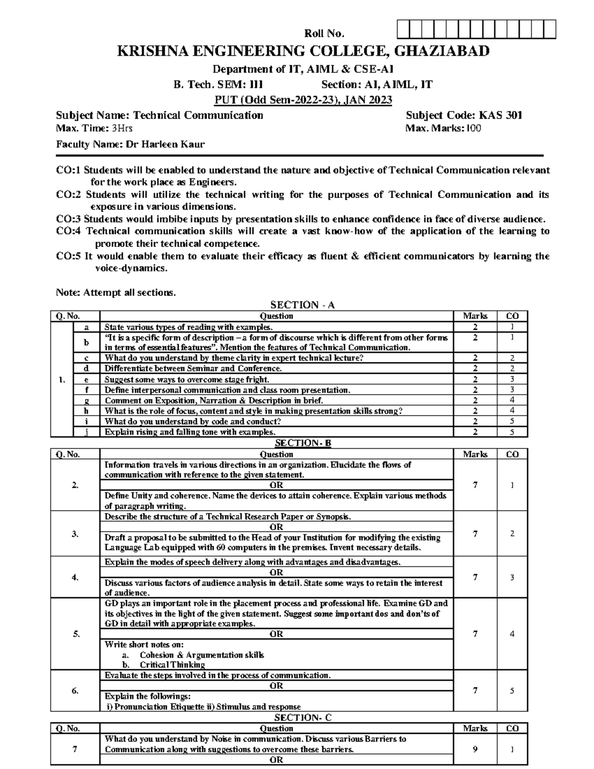 PUT Technical Communication KAS 301 - Roll No. KRISHNA ENGINEERING COLLEGE, GHAZIABAD Department ...