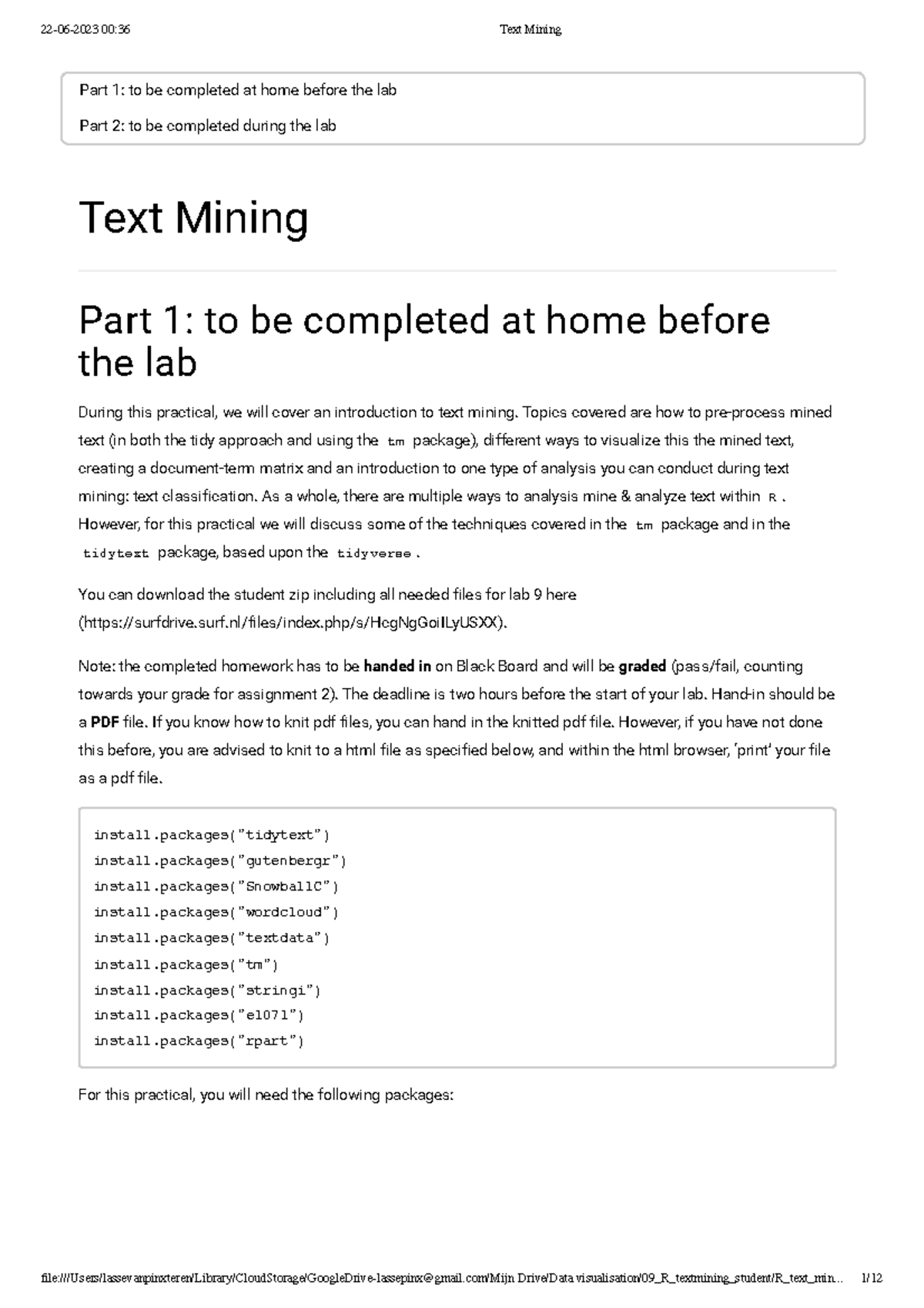 Text Mining - practical 9 - Part 2: to be completed during the lab Text ...