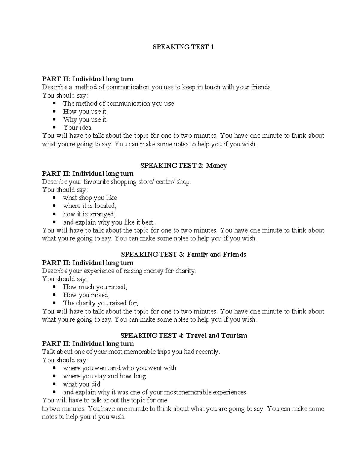 Ta1 - SPEAKING TEST 1 PART II: Individual long turn Describe a method ...