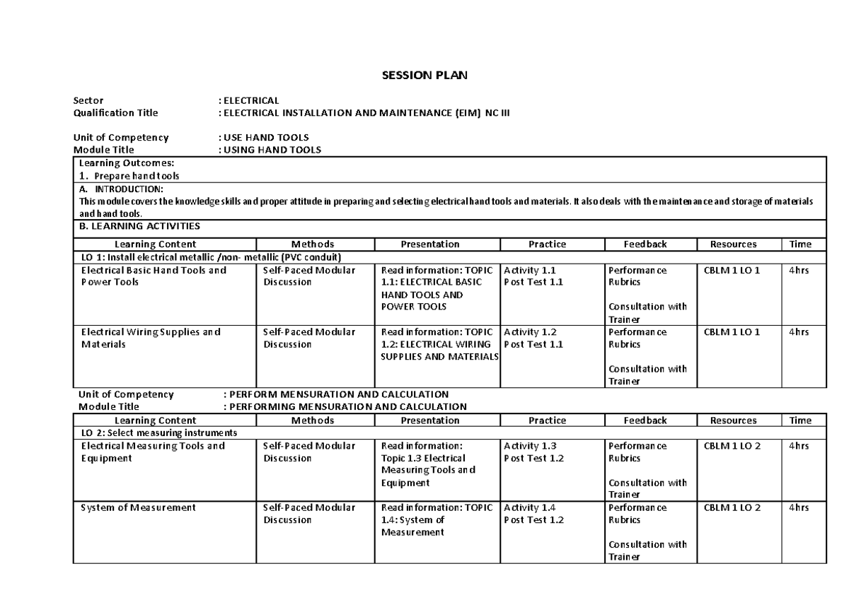25-Session Plan - Session Plan - SESSION PLAN Sector : ELECTRICAL ...