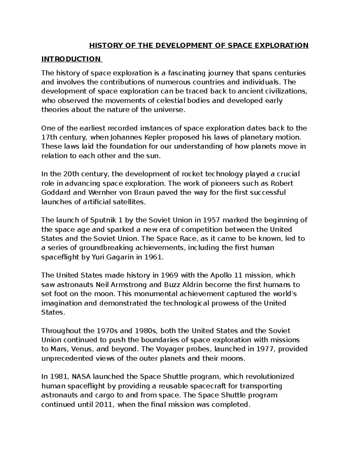 History - HISTORY OF THE DEVELOPMENT OF SPACE EXPLORATION INTRODUCTION ...