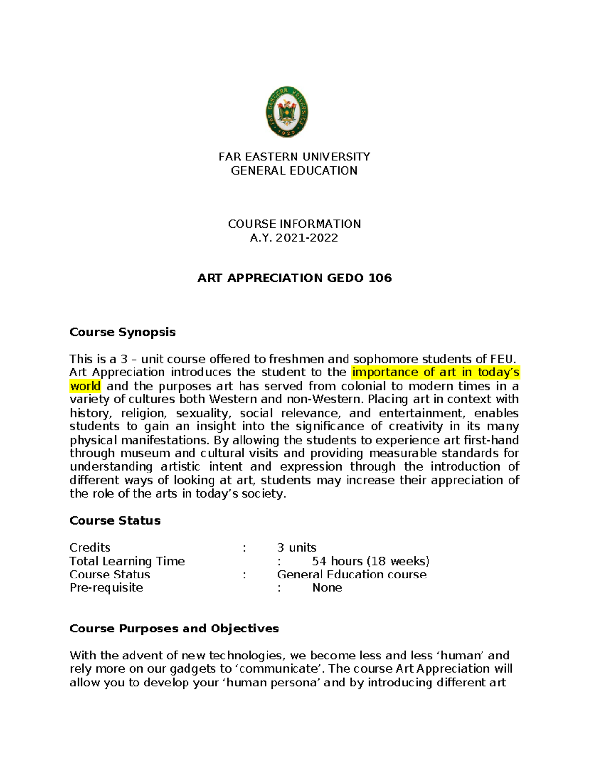 Art Ap Guidlines - FAR EASTERN UNIVERSITY GENERAL EDUCATION COURSE ...