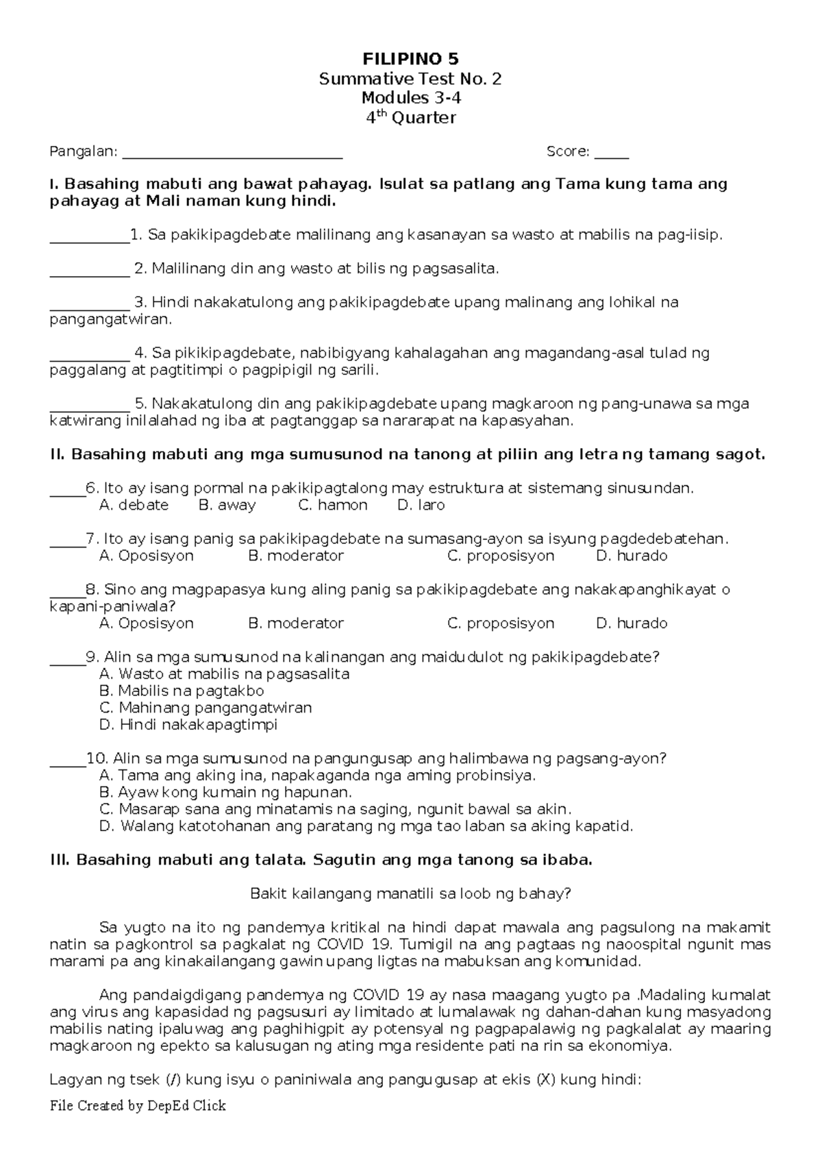 Filipino ST2 Q4-1 - FILIPINO 5 Summative Test No. 2 Modules 3- 4 th ...