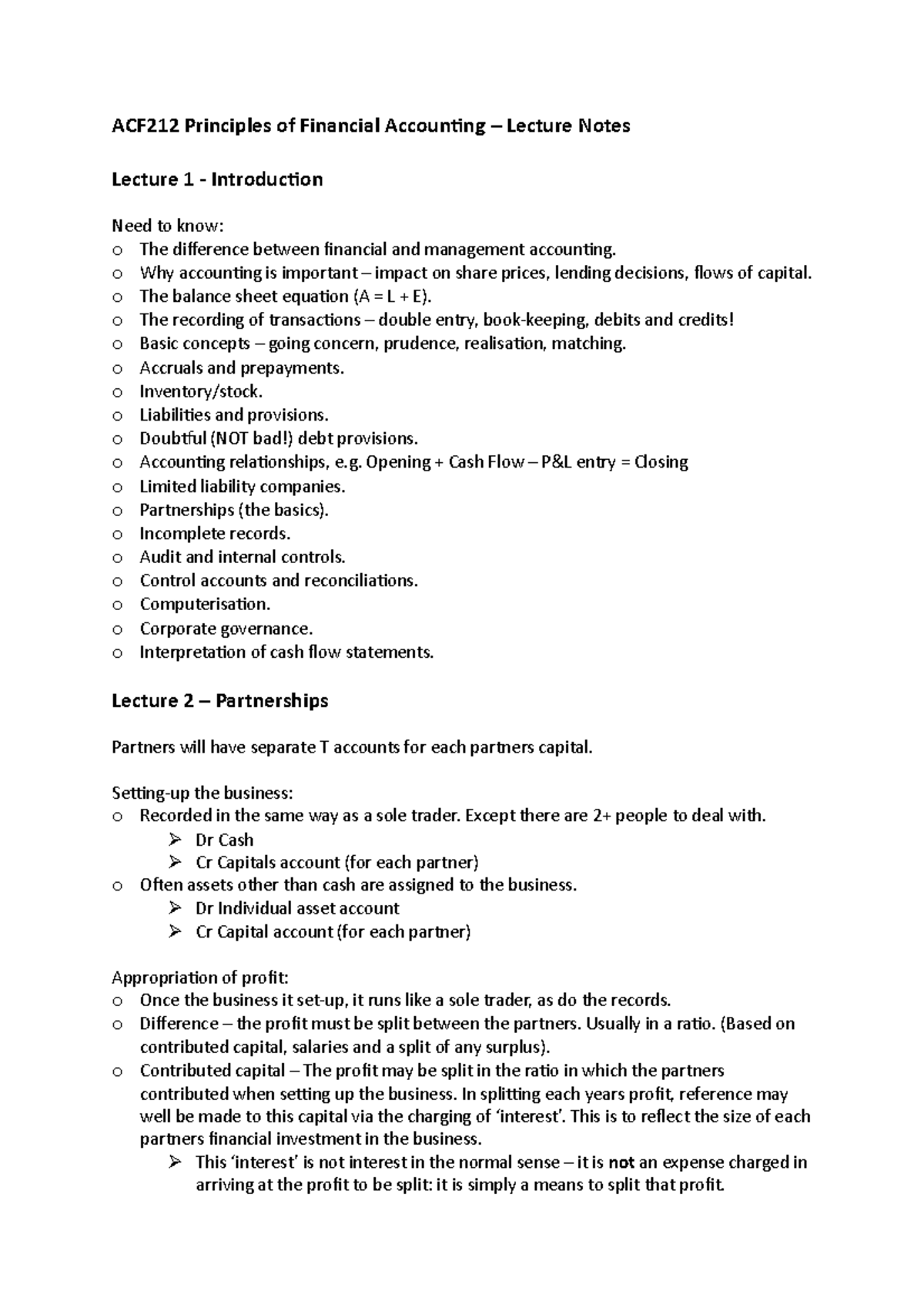 ACF212 Principles of Financial Accounting – Lecture Notes - o Why ...