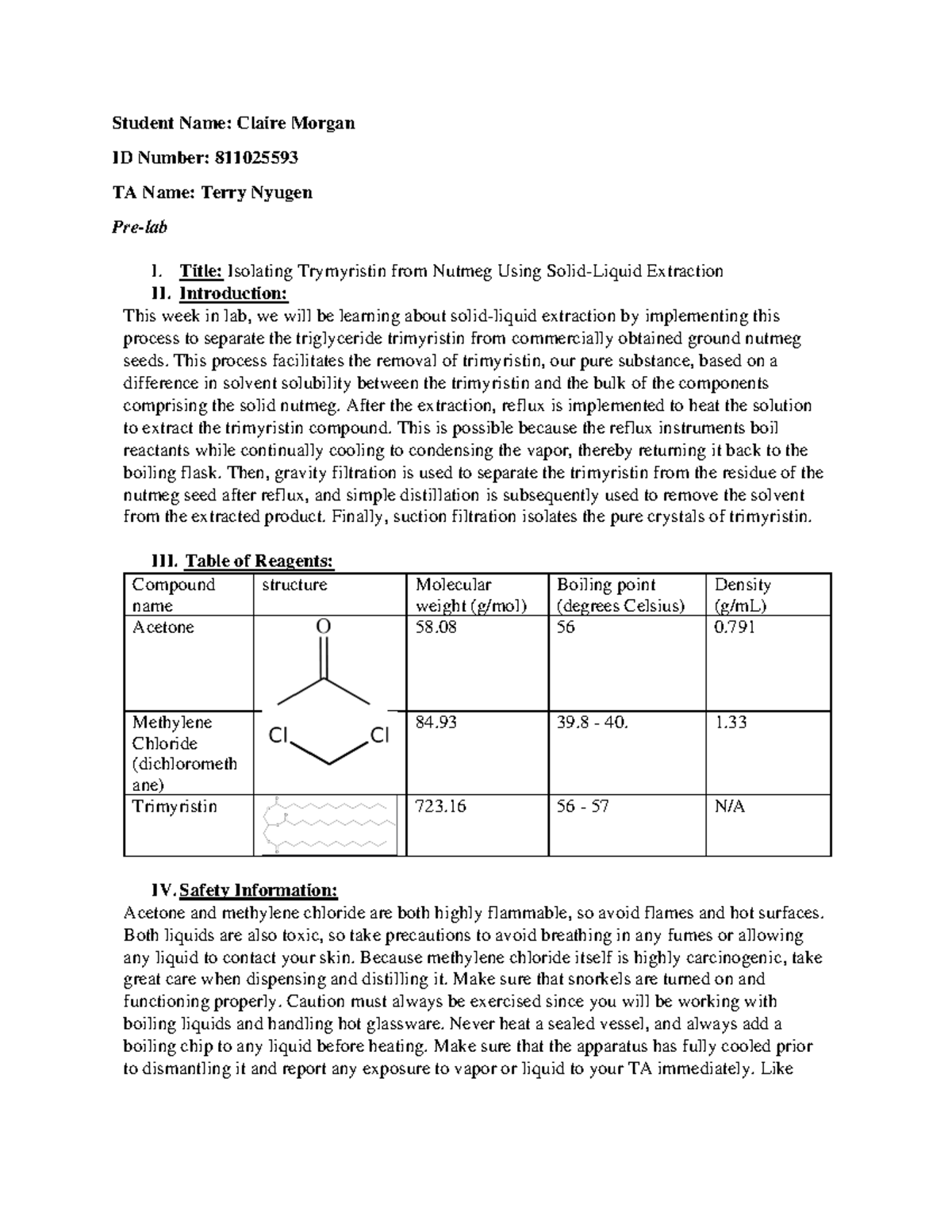 Ochem 1 experiment 3 pre-lab - Student Name: Claire Morgan ID Number ...