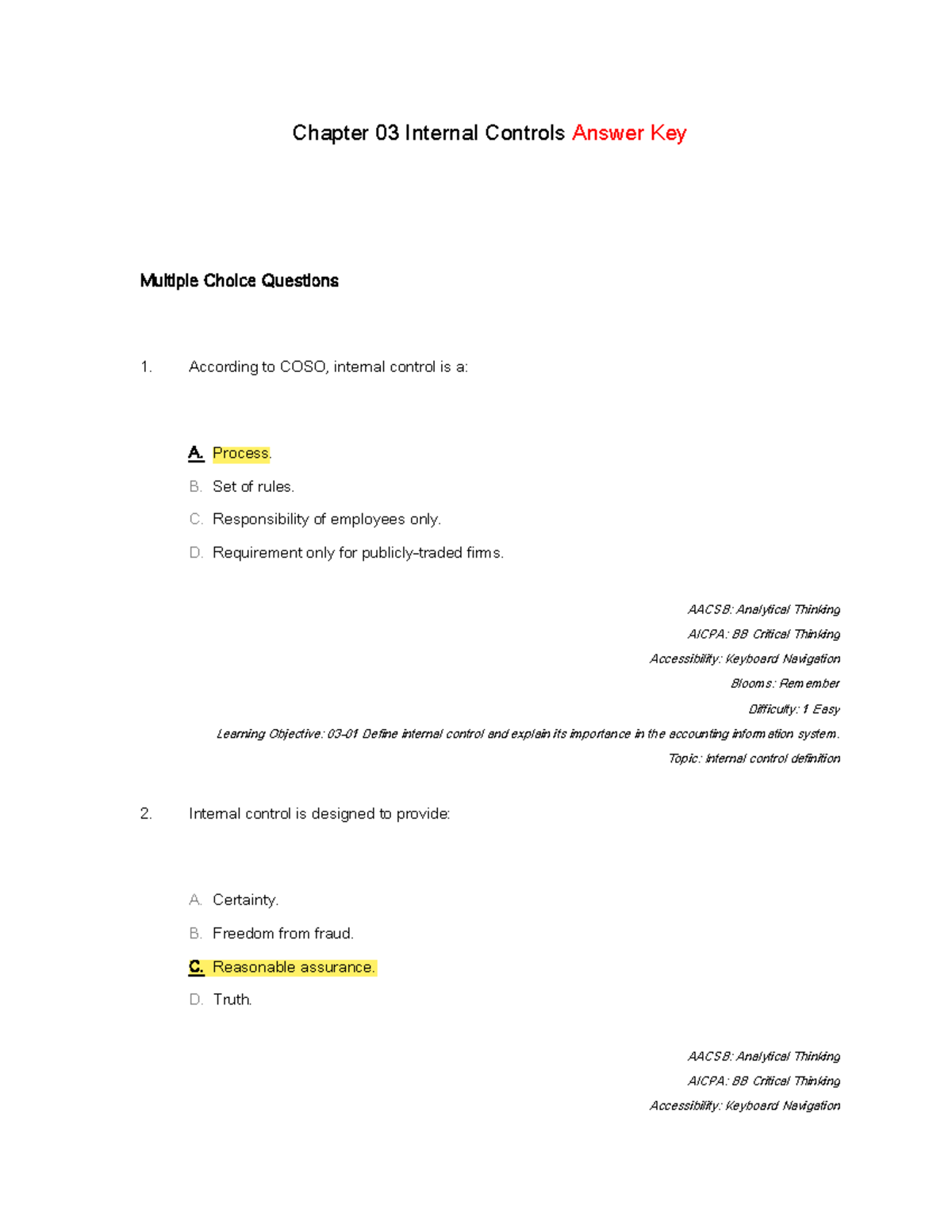 Test bank chapter 3 - Chapter 03 Internal Controls Answer Key Multiple ...