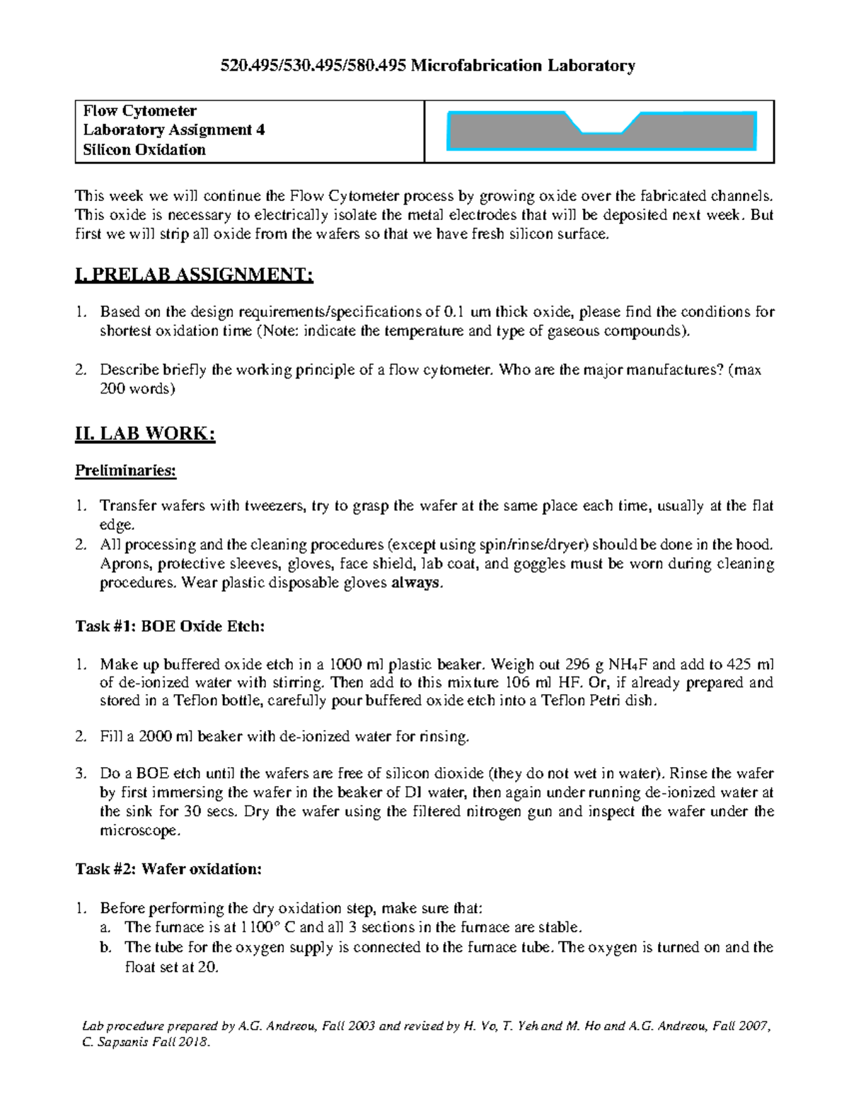 Lab work 4 oxidation - 520.495/530.495/580 Microfabrication Laboratory Lab procedure prepared by ...