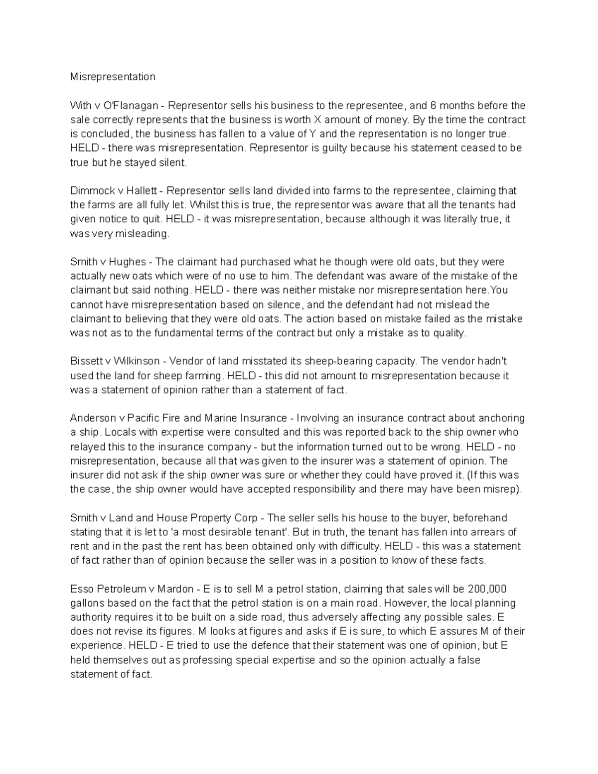 Misrepresentation - misrep cases and notes - Misrepresentation With v O ...