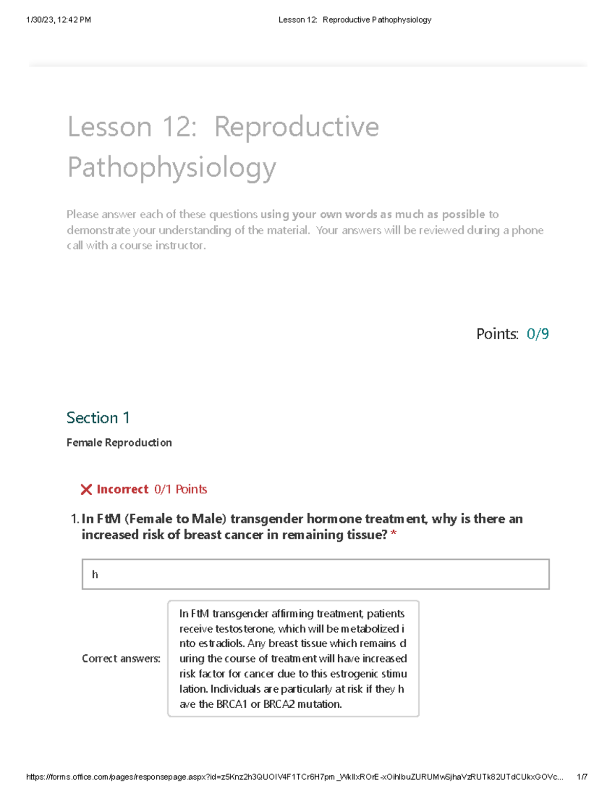 Lesson 12 Reproductive Pathophysiology - Points: 0/ Lesson 12 ...