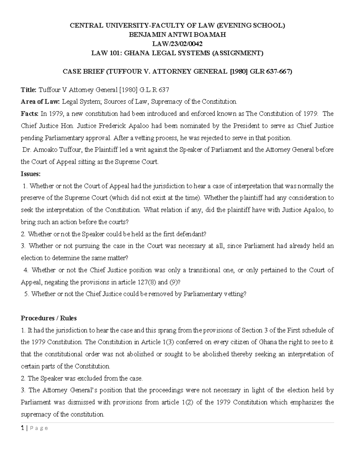 Tuffour VS Attorney General- Benjamin Boamah - CENTRAL UNIVERSITY ...