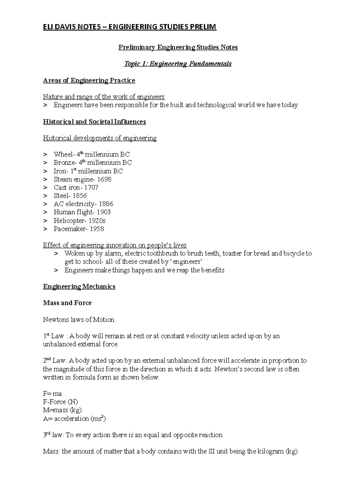 T1 - Engineering Fundamentals - Preliminary Engineering Studies Notes ...