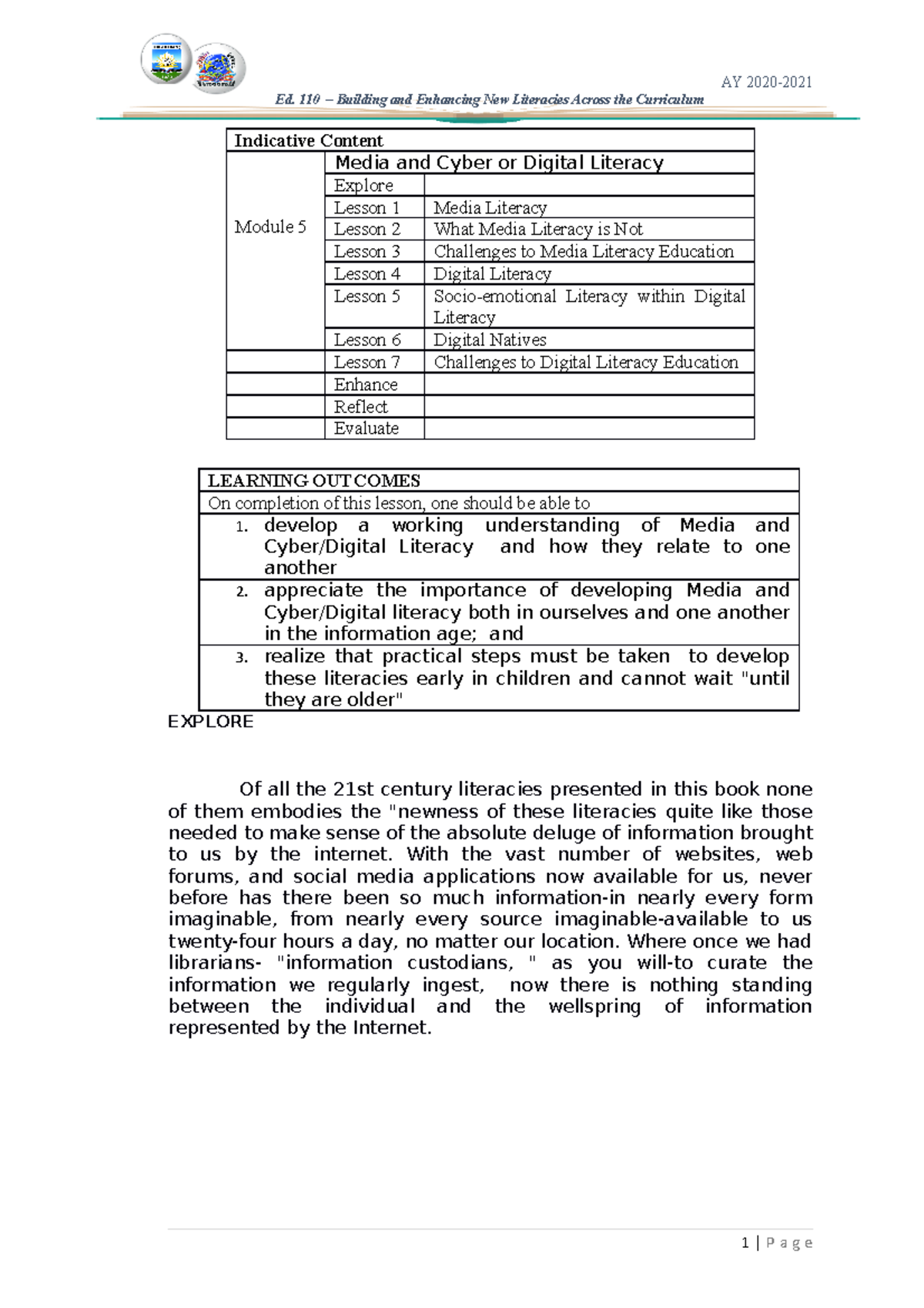 Concepts Module 5 Media and Cyber or Digital Literacy - Ed. 110 ...