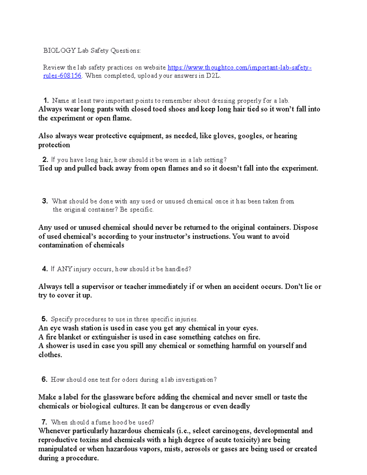 Safety lab anwsers - BIOLOGY Lab Safety Questions: Review the lab ...