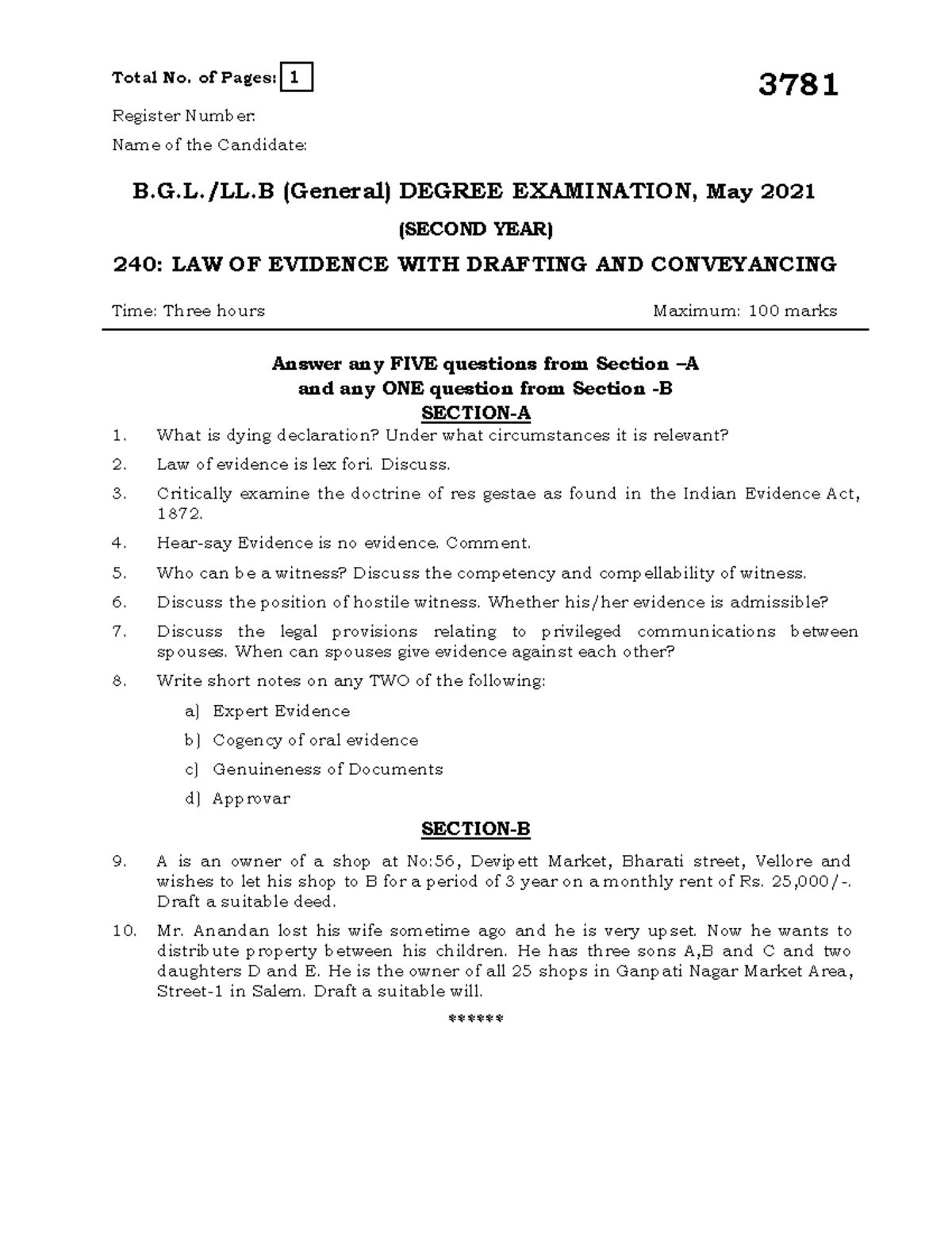 3781 - Best notes - Total No. of Pages: 1 3781 Register Number: Name of ...