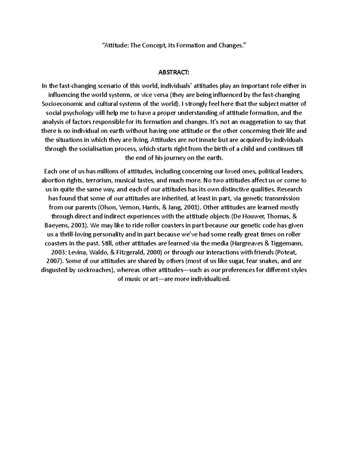 “Attitude The Concept, its Formation and Changes - ” ABSTRACT: In the ...