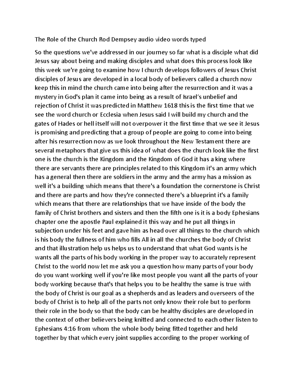Role of the Church Rod Dempsey - RLGN 301 - LU - Studocu