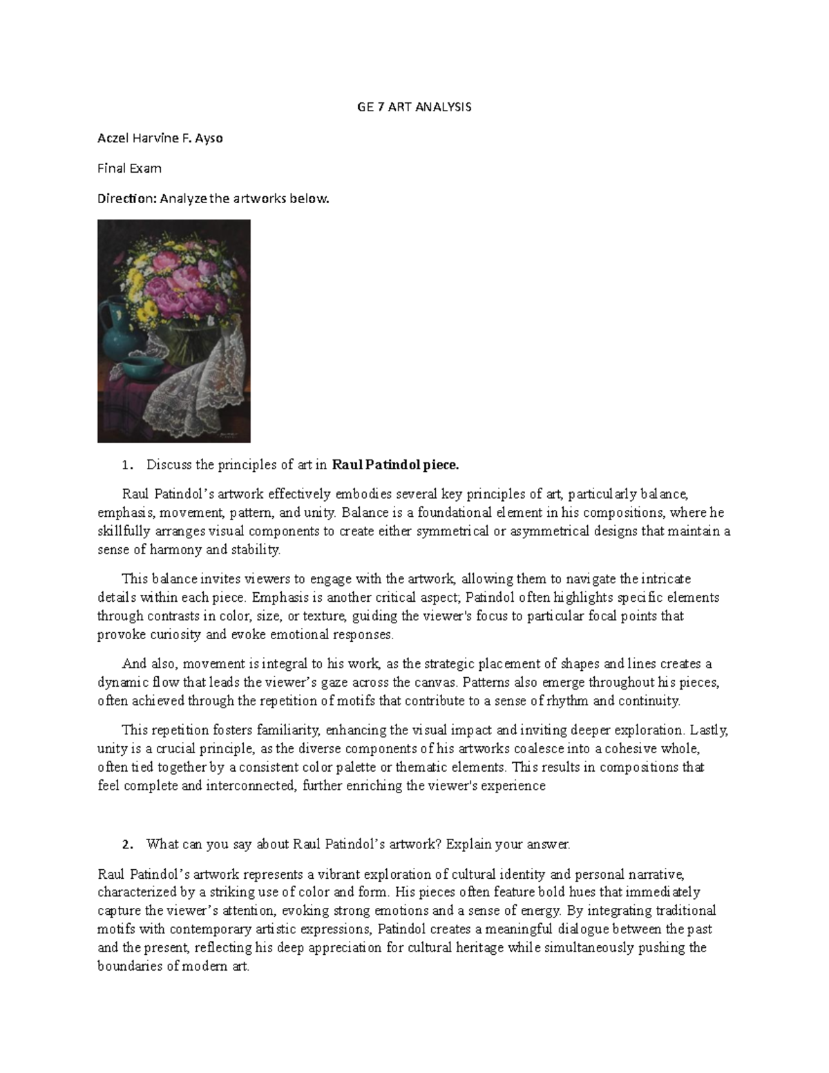 AYOS- GE 7 ART Analysis - about art - GE 7 ART ANALYSIS Aczel Harvine F ...