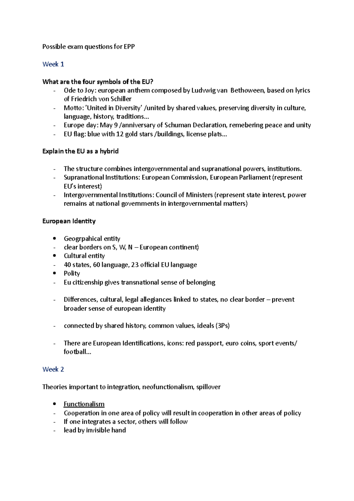 Exam prep European Public Policy - Possible exam questions for EPP Week ...