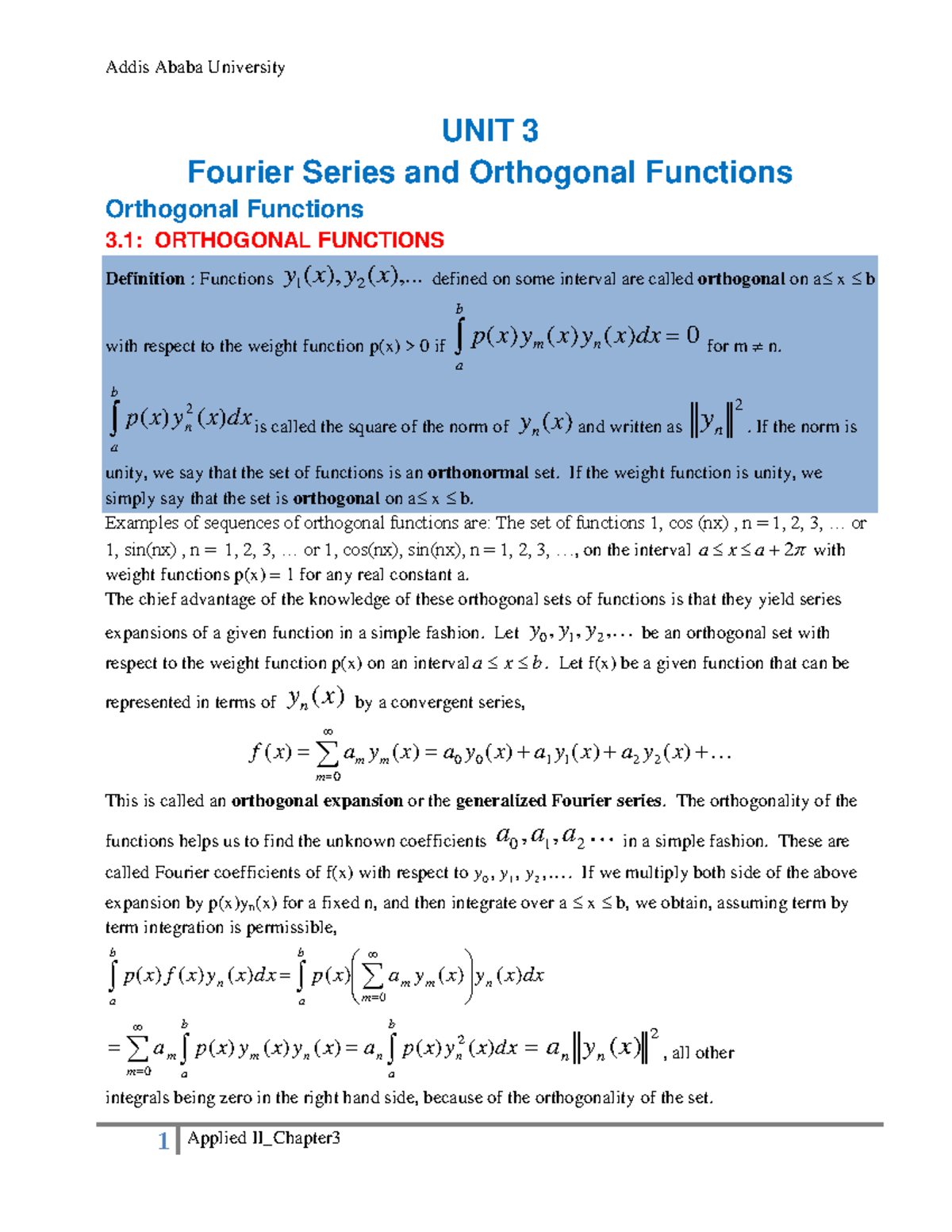 Fourier, lecture note final leastemariwoch - UNIT 3 Fourier Series and ...