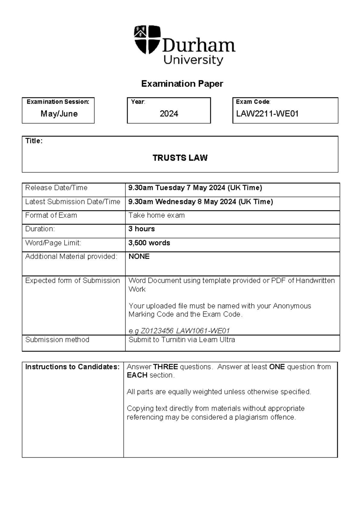 EXAM 212211 Trusts-Law June2024 - Examination Paper Examination Session ...